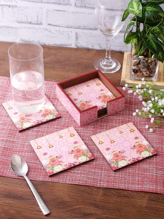 Pink & Yellow Wooden Square Coasters Set with Holder | 6 Piece Digital ...